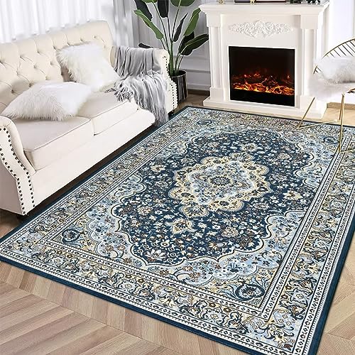 GlowSol Washable Rug 8x10 Floral Rug Non Slip Vintage Large Area Rug Oriental Vintage Carpet Foldable Indoor Throw Rug for Bedroom Living Room, Navy