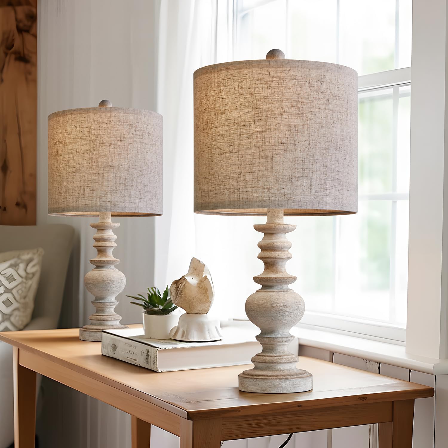 BOBOMOMO Tradition 20" Rustic Table Lamp Set of 2 for Living Room Bedroom Bedside Desk Lamps Bedroom Nightstand Vintage Lamps Linen, 10.00×10.00×20.00 inch, AMZ-T2026AWW