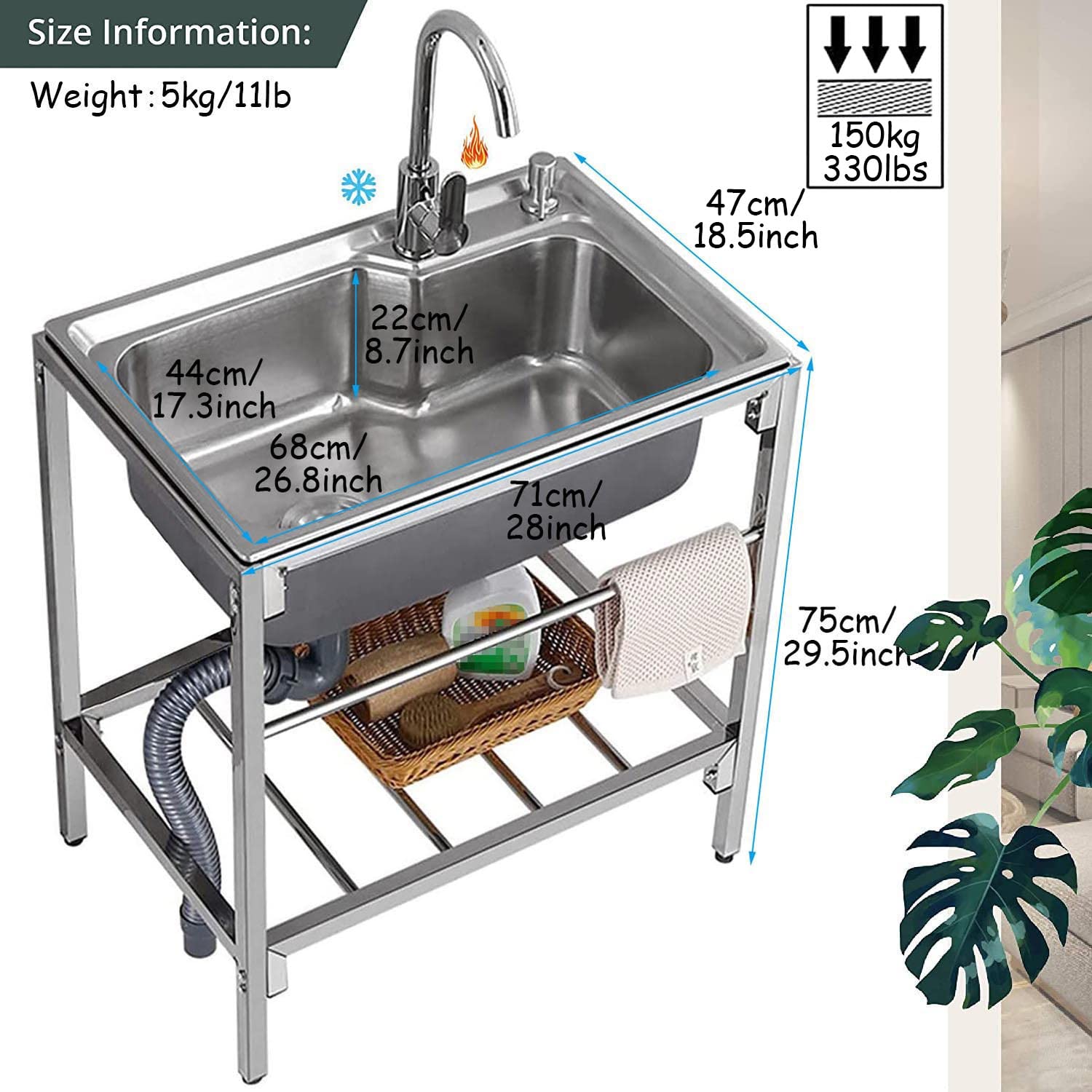 Stainless Steel Prep & Utility Sink 1 Compartment Commercial Kitchen Sink,Single L26.7"x H33.46" Tub with No Lead Faucet for Restaurant, Kitchen, Laundry, Garage