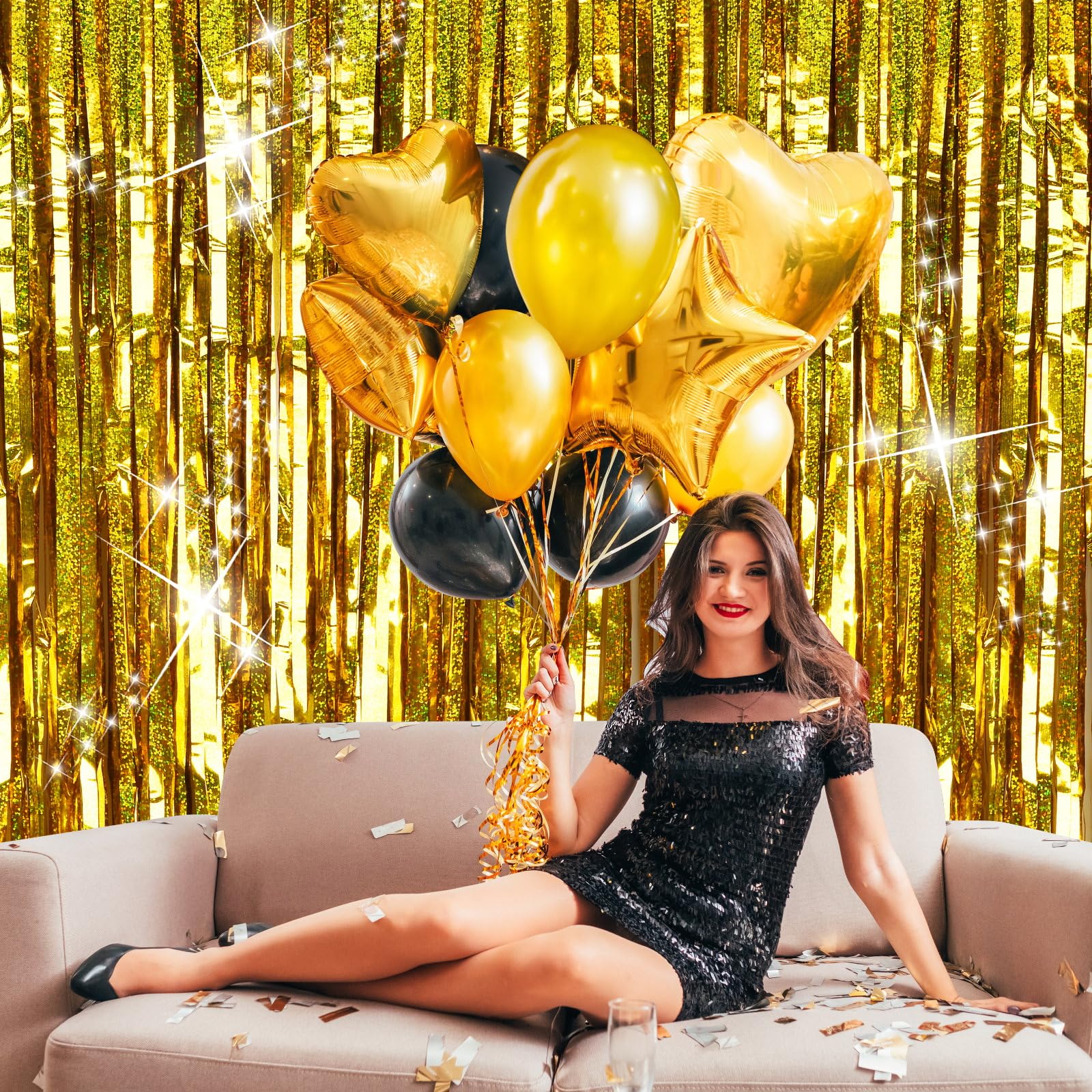 Dorbetar Party Decorations(2 Pack 3.3x8.2 Feet), Irthday Decorations Backdrop, Foil Fringe Curtains Streamers Party Decorations, Tinsel Curtain Fringe Backdrop (Gold)