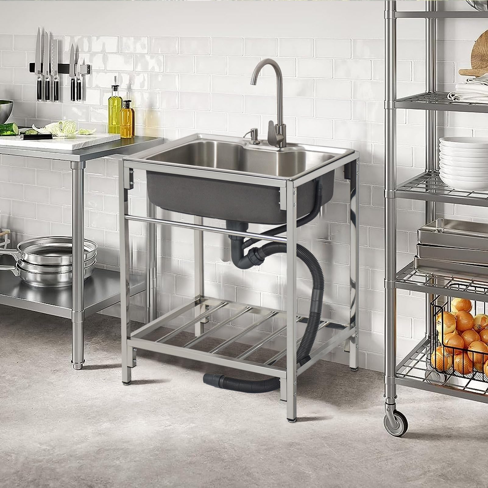 Stainless Steel Prep & Utility Sink 1 Compartment Commercial Kitchen Sink,Single L26.7"x H33.46" Tub with No Lead Faucet for Restaurant, Kitchen, Laundry, Garage