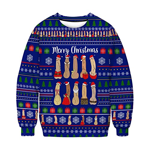 Ugly Christmas Sweatshirt Men Dirty Dildos Striped Printed Crewneck Winter Fashion Outdoor Party Pullover Top Casual (Blue, X-Large)