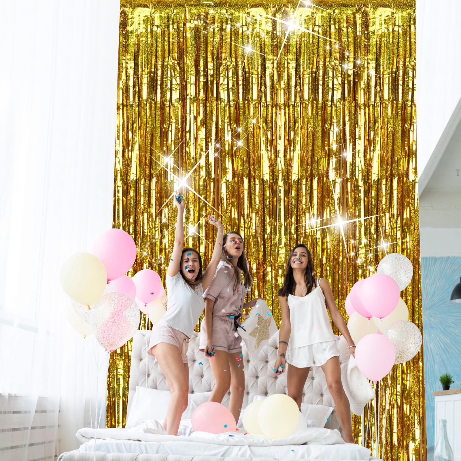 Dorbetar Party Decorations(2 Pack 3.3x8.2 Feet), Irthday Decorations Backdrop, Foil Fringe Curtains Streamers Party Decorations, Tinsel Curtain Fringe Backdrop (Gold)