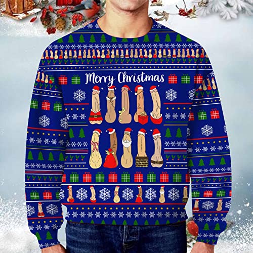 Ugly Christmas Sweatshirt Men Dirty Dildos Striped Printed Crewneck Winter Fashion Outdoor Party Pullover Top Casual (Blue, X-Large)