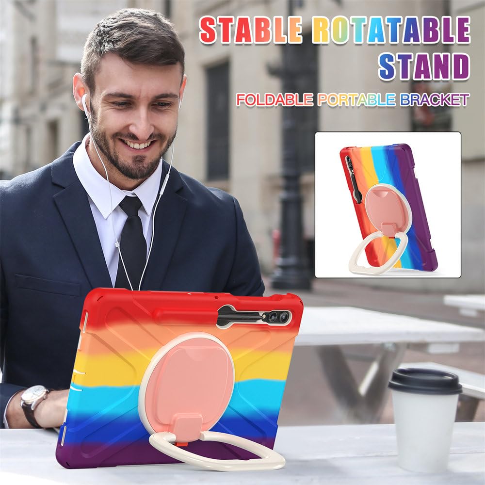 for Samsung Galaxy Tab S7 FE SM-T730 T733 T736 Case 12.4 inch Tablet Case 3in1 Heavy Duty Rugged Double Silicone + Hard Plastic Frame with Shoulder Strap & Round Kickstand - C