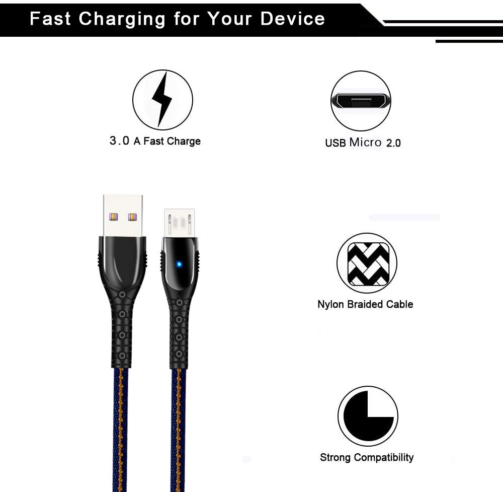 2Pack 10ft PS4 Controller Charger Cable Extra Long Durable Nylon Braided Micro USB Fast Charging Cord for Playstation 4,Xbox One S/X Controller,Samsung Galaxy S7 S6, Note 5 4 More, with LED Light