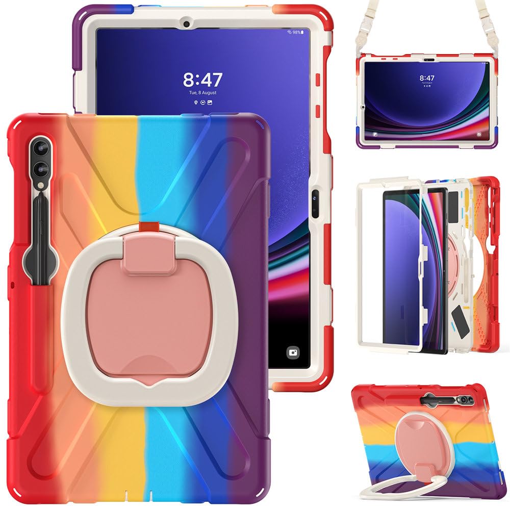 for Samsung Galaxy Tab S7 FE SM-T730 T733 T736 Case 12.4 inch Tablet Case 3in1 Heavy Duty Rugged Double Silicone + Hard Plastic Frame with Shoulder Strap & Round Kickstand - C