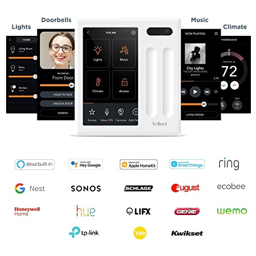 Brilliant Smart Home Control (2-Switch Panel) β Alexa Built-In & Compatible with Ring, Sonos, Hue, Google Nest, Wemo, SmartThings, Apple HomeKit β In-Wall Touchscreen Control for Lights, Music, & More