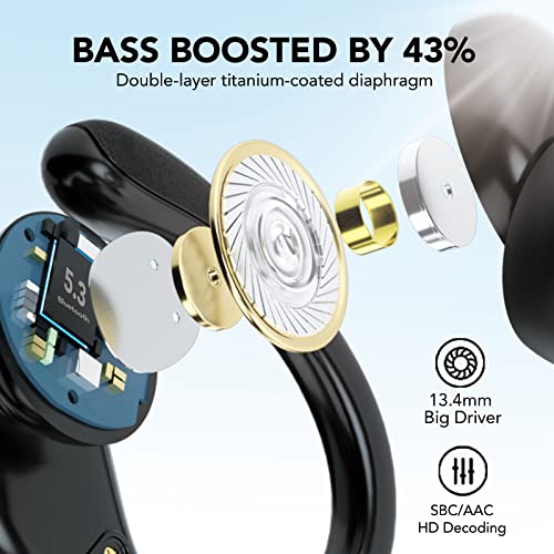 CASCHO Wireless Earbuds Bluetooth Headphones 60Hrs Playtime HD Stereo Audio Digital LED Display Over-Ear Earphones with Earhook Waterproof Headset with Mic for Sport Running Workout