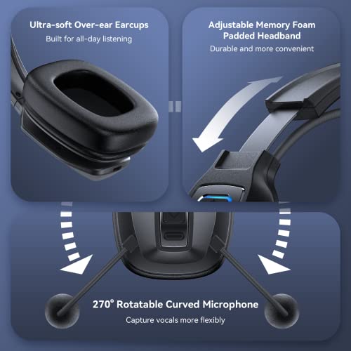Dytole Trucker Bluetooth Headset, Bluetooth Headphones with Microphone AI Noise Cancelling with USB Dongle, 164ft Long Wireless Range & 60 Hrs Working Time, Wireless Headset for Computer with Mute