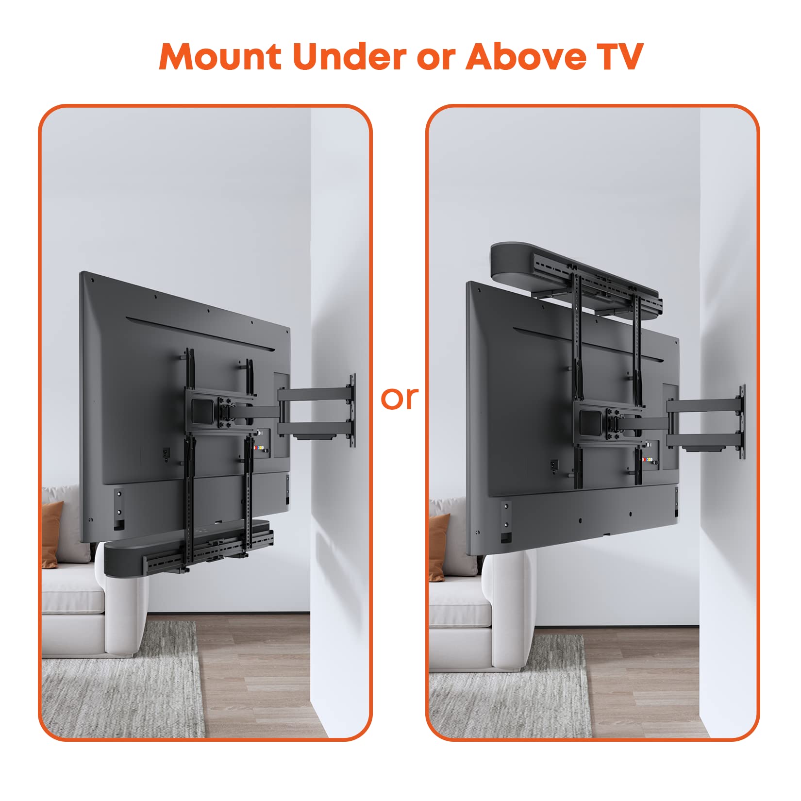 Sound Bar Mount Bracket Under Or Above TV,Soundbar Mount Bracket Extends 3.4"-6.1", Up to 33 Lbs with Non-Slip Base Holder,3 Installation Options,Max VESA 800x400mm