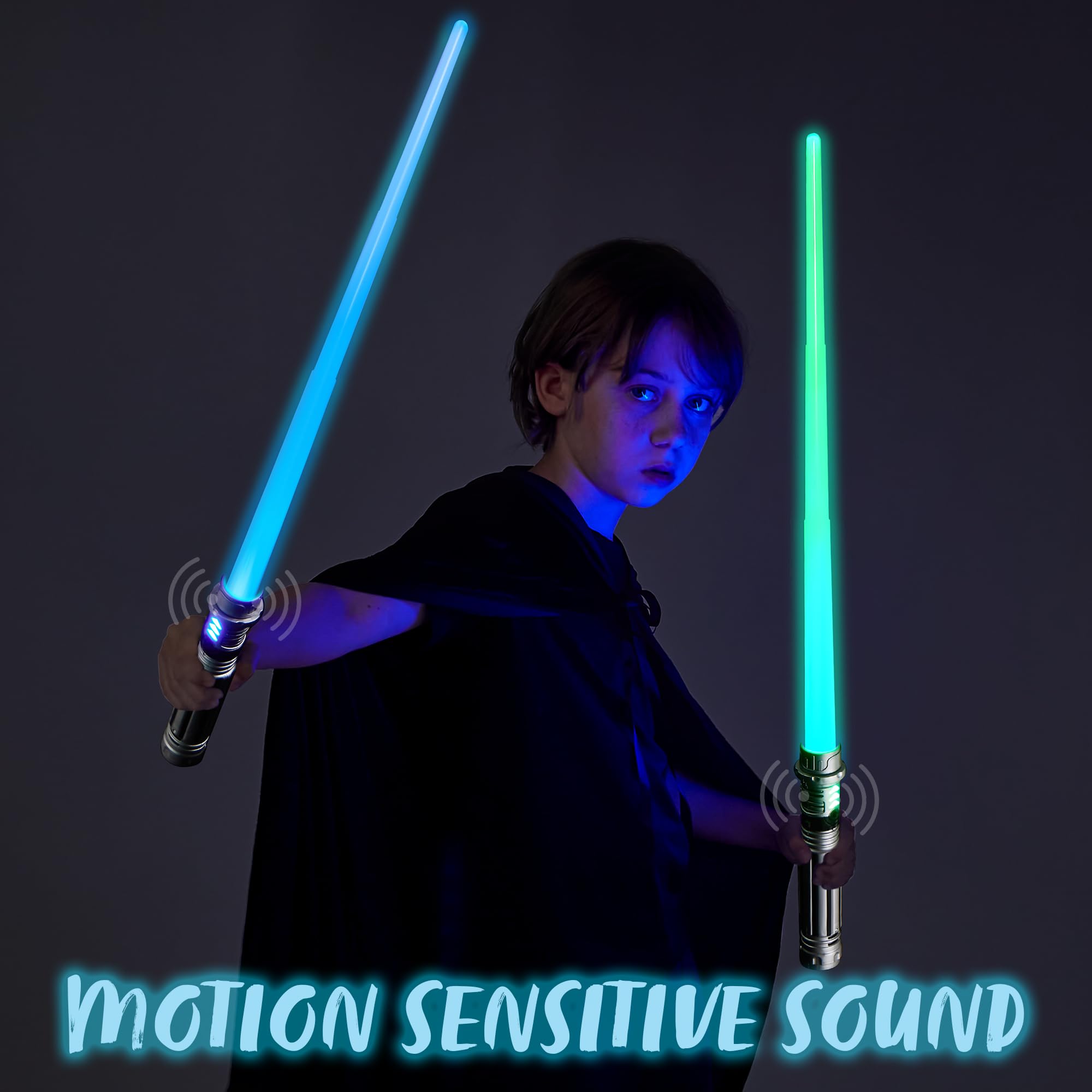 JOYIN Extendable 2-in-1 Light Up Sword for Kids, Dual LED Swords Set with FX Sound (Motion Sensitive) and Realistic Sliver Handle for Fighters and Warriors, New Years Eve Party Supplies Boys Stuff