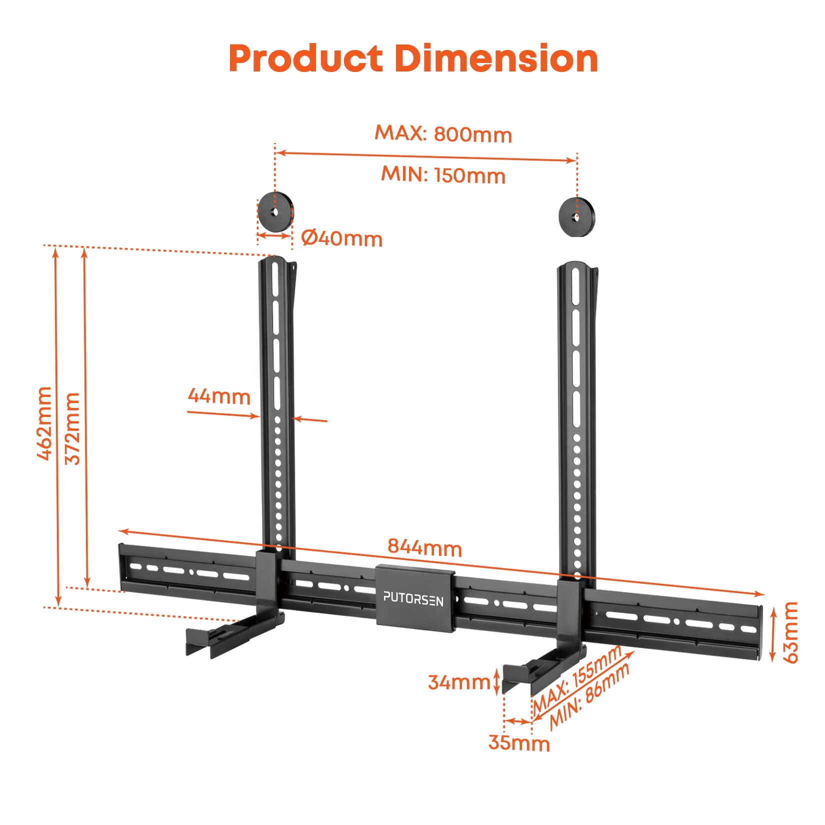 Sound Bar Mount Bracket Under Or Above TV,Soundbar Mount Bracket Extends 3.4"-6.1", Up to 33 Lbs with Non-Slip Base Holder,3 Installation Options,Max VESA 800x400mm
