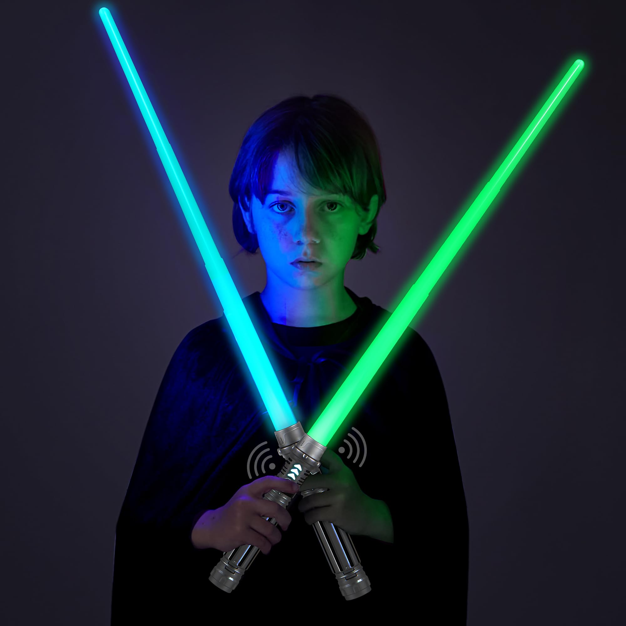 JOYIN Extendable 2-in-1 Light Up Sword for Kids, Dual LED Swords Set with FX Sound (Motion Sensitive) and Realistic Sliver Handle for Fighters and Warriors, New Years Eve Party Supplies Boys Stuff
