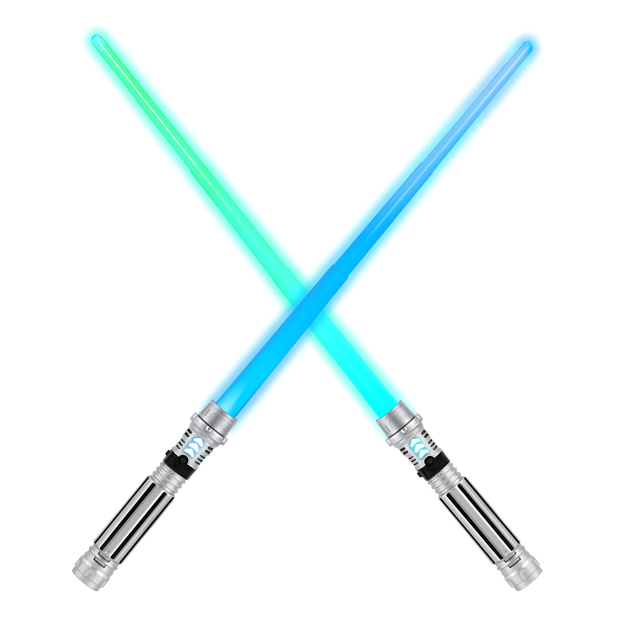 JOYIN Extendable 2-in-1 Light Up Sword for Kids, Dual LED Swords Set with FX Sound (Motion Sensitive) and Realistic Sliver Handle for Fighters and Warriors, New Years Eve Party Supplies Boys Stuff