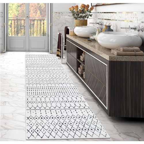 LIVEBOX Black and White Runner Rug 2.5x8 - Washable Rug Runner for Hallway Thin Boho Rug for Entryway, Moroccan Non-Slip Rug for Bedroom, Geometric Throw Carpet for Bathroom Laundry Room