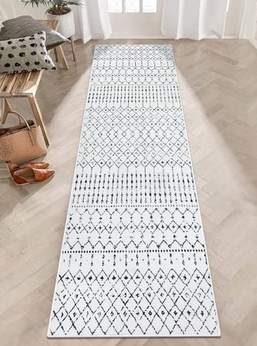 LIVEBOX Black and White Runner Rug 2.5x8 - Washable Rug Runner for Hallway Thin Boho Rug for Entryway, Moroccan Non-Slip Rug for Bedroom, Geometric Throw Carpet for Bathroom Laundry Room