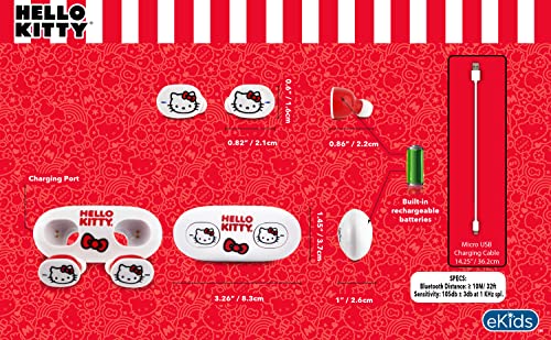 eKids Hello Kitty Bluetooth Earbuds with Microphone, Kids Wireless Earbuds with Charging Case for Ear Buds, for Fans of Hello Kitty Gifts and Merchandise