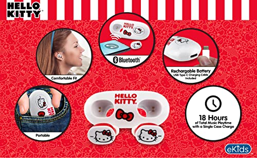 eKids Hello Kitty Bluetooth Earbuds with Microphone, Kids Wireless Earbuds with Charging Case for Ear Buds, for Fans of Hello Kitty Gifts and Merchandise