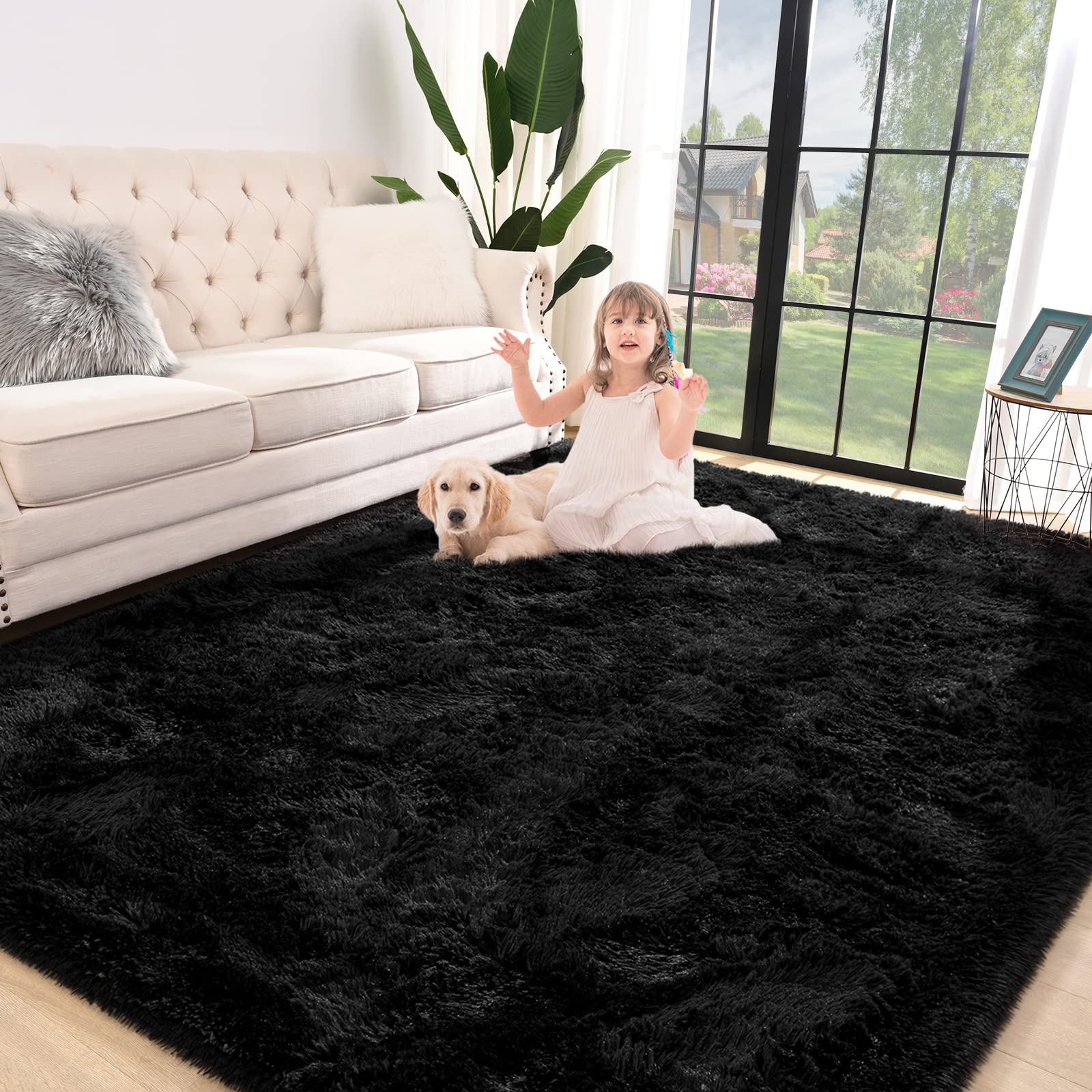 Jelymark Super Soft Shaggy Rug for Bedroom, 5x8 Feet Fluffy Carpet for Living Room, Fuzzy Indoor Plush Area Rug for Home Decor, Furry Floor Rugs for Dorm, Kids Nursery Rug for Girls, Black