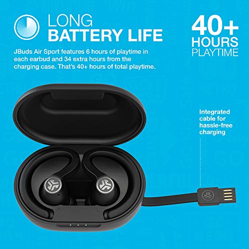JLab JBuds Air Sport True Wireless Bluetooth Earbuds + Charging Case | Black | IP66 Sweat Resistance - Class 1 Bluetooth 5.0 Connection | 3 EQ Sound Settings JLab Signature, Balanced, Bass Boost
