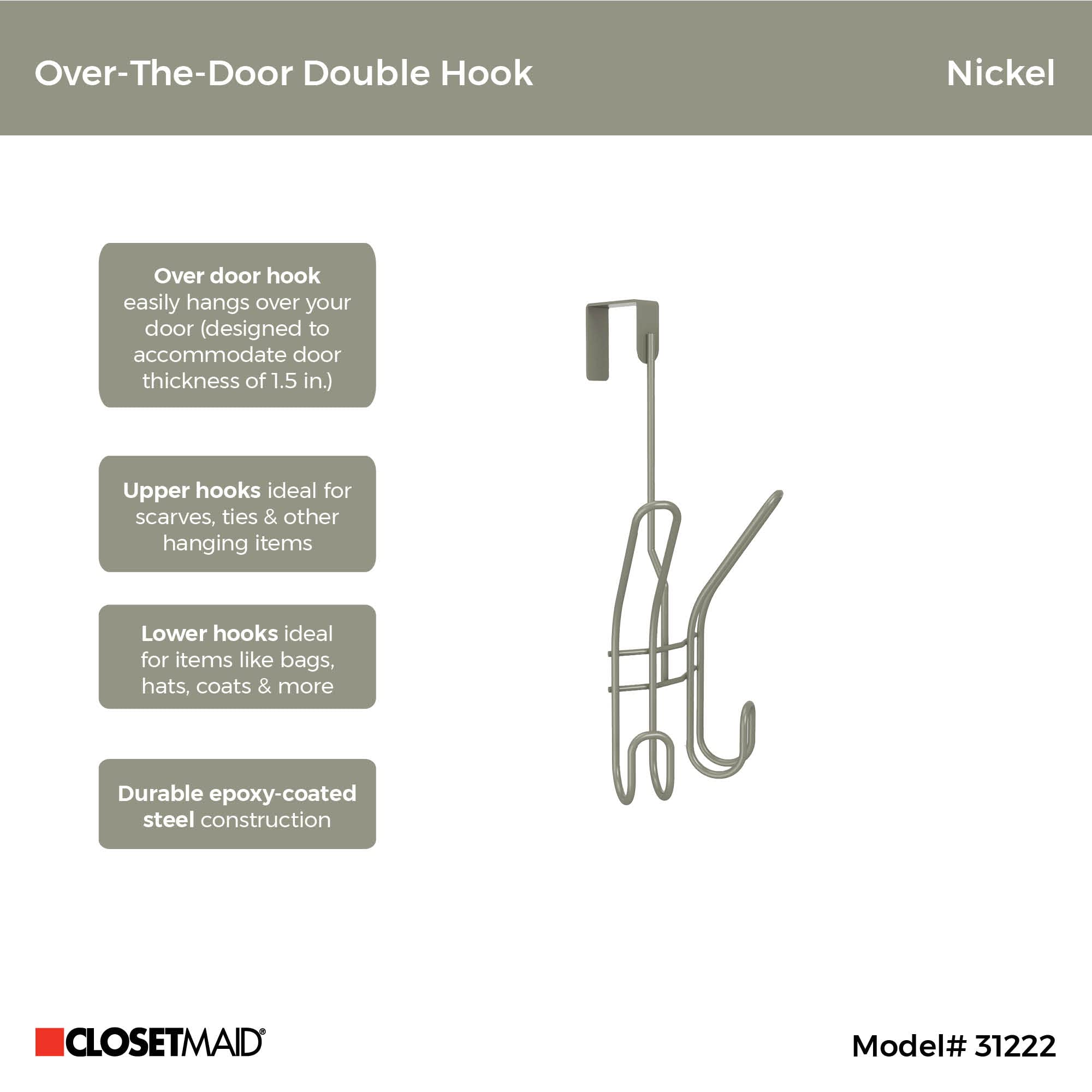 ClosetMaid Over The Door Hanger Rack with Two Hooks, for Hats, Scarves, Belts, Towels, Jackets, Nickel Finish