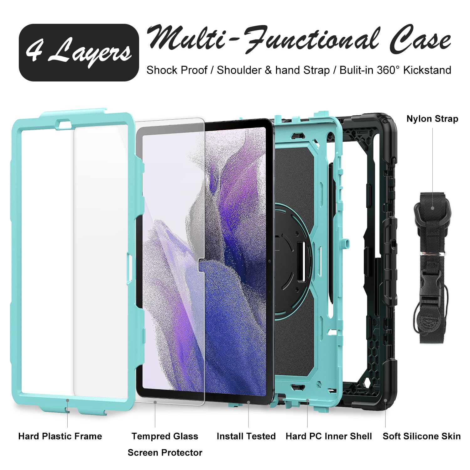 BASE MALL Tablet Case for Samsung Galaxy Tab S8 Plus 2022/S7 FE/S7 Plus 12.4 5G, [Shockproof] with Tempered Glass Screen Protector,360° Rotating Kickstand/Hand Strap/S Pen Holder (SkyBlue)