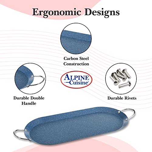 Alpine Cuisine Oval Comal Griddle 17.5x8in Nonstick Coating Blue with Durable Double Handle - Durable, Heavy Duty Comal for Cooking - Even-Heating