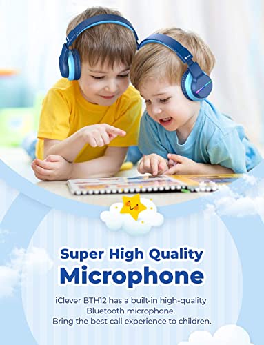 iClever BTH12 Kids Bluetooth Headphones,Colorful LED Lights Wireless Kids Headphones,74/85/94dB Volume Limited,55H Playtime,Bluetooth 5.2,Over Ear Headphones Built-in Mic for iPad/Tablet/Airplane,Blue