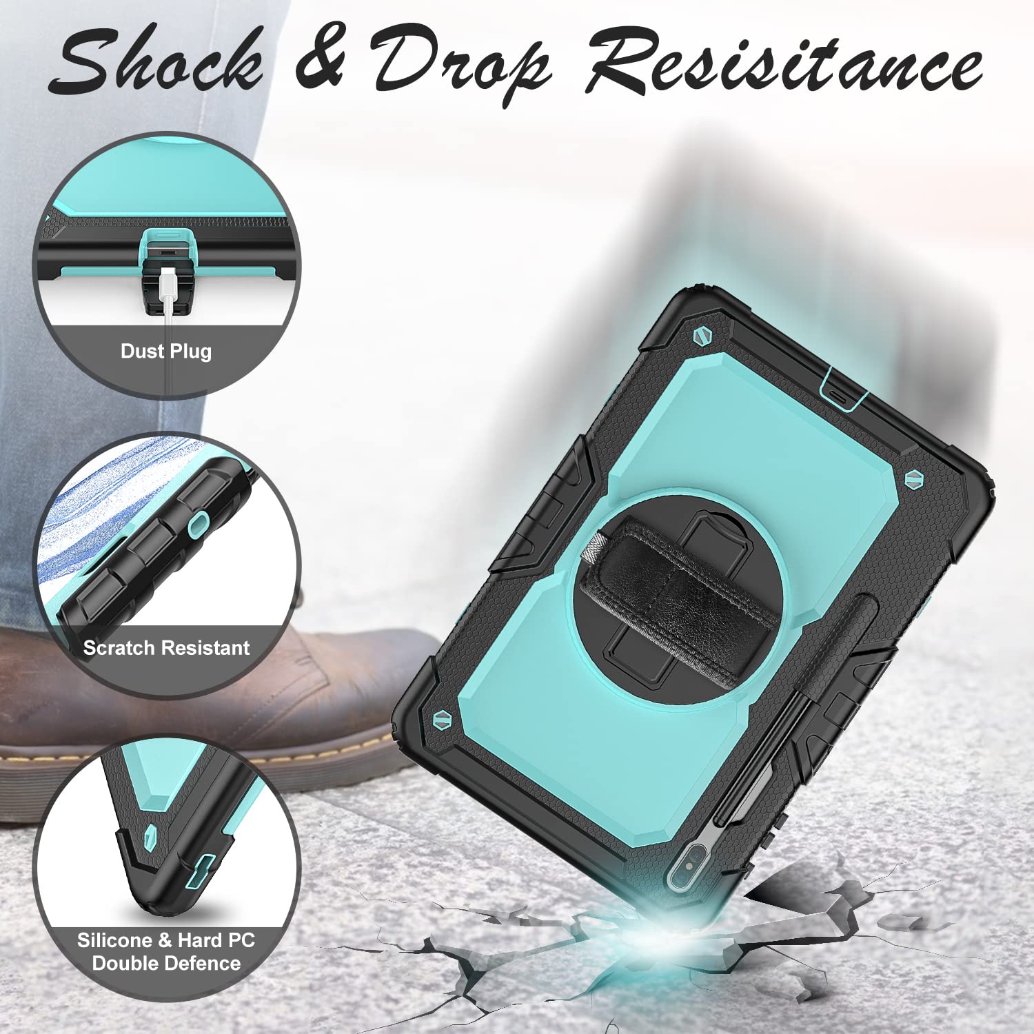 BASE MALL Tablet Case for Samsung Galaxy Tab S8 Plus 2022/S7 FE/S7 Plus 12.4 5G, [Shockproof] with Tempered Glass Screen Protector,360° Rotating Kickstand/Hand Strap/S Pen Holder (SkyBlue)