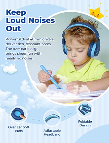 iClever BTH12 Kids Bluetooth Headphones,Colorful LED Lights Wireless Kids Headphones,74/85/94dB Volume Limited,55H Playtime,Bluetooth 5.2,Over Ear Headphones Built-in Mic for iPad/Tablet/Airplane,Blue