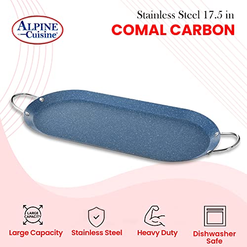 Alpine Cuisine Oval Comal Griddle 17.5x8in Nonstick Coating Blue with Durable Double Handle - Durable, Heavy Duty Comal for Cooking - Even-Heating
