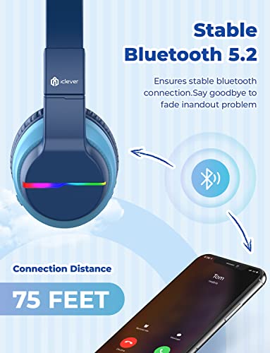 iClever BTH12 Kids Bluetooth Headphones,Colorful LED Lights Wireless Kids Headphones,74/85/94dB Volume Limited,55H Playtime,Bluetooth 5.2,Over Ear Headphones Built-in Mic for iPad/Tablet/Airplane,Blue
