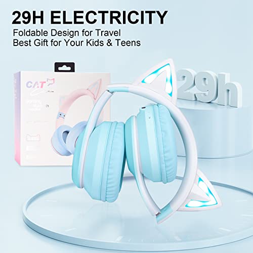QearFun Car Ear Bluetooth Headphones Foldable, 7 Colors Led Light Up Kids Adults Girls Over Ear Wireless Headphones with Built-in Mic & 3.5mm Jack, Cat Gaming Headset for iPad/Tablet/PS4/PS5 Purple