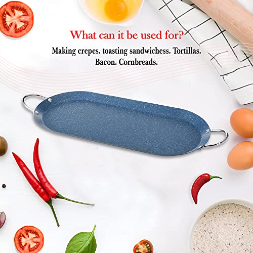 Alpine Cuisine Oval Comal Griddle 17.5x8in Nonstick Coating Blue with Durable Double Handle - Durable, Heavy Duty Comal for Cooking - Even-Heating