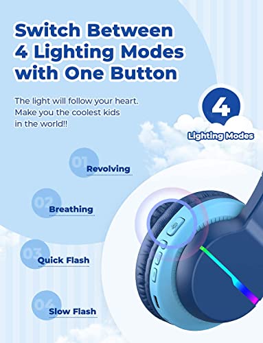 iClever BTH12 Kids Bluetooth Headphones,Colorful LED Lights Wireless Kids Headphones,74/85/94dB Volume Limited,55H Playtime,Bluetooth 5.2,Over Ear Headphones Built-in Mic for iPad/Tablet/Airplane,Blue