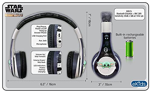 Star Wars The Child Kids Bluetooth Headphones, Wireless Headphones with Microphone Includes Aux Cord, Volume Reduced Kids Foldable Headphones for School, Home, or Travel