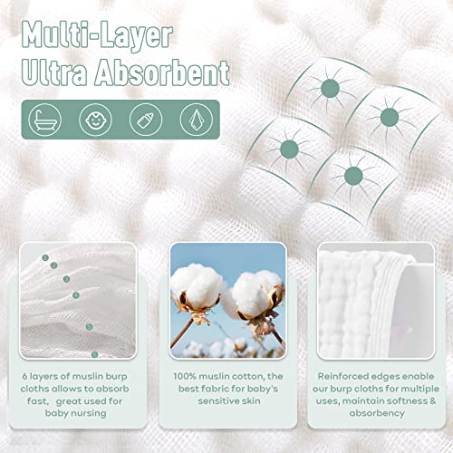 Yoofoss Muslin Burp Cloths 10 Pack Baby Washcloths Large 20''X10'' 100% Cotton 6 Layers Super Soft and Absorbent - White
