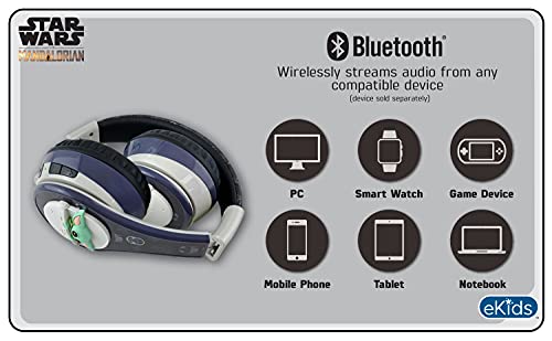 Star Wars The Child Kids Bluetooth Headphones, Wireless Headphones with Microphone Includes Aux Cord, Volume Reduced Kids Foldable Headphones for School, Home, or Travel