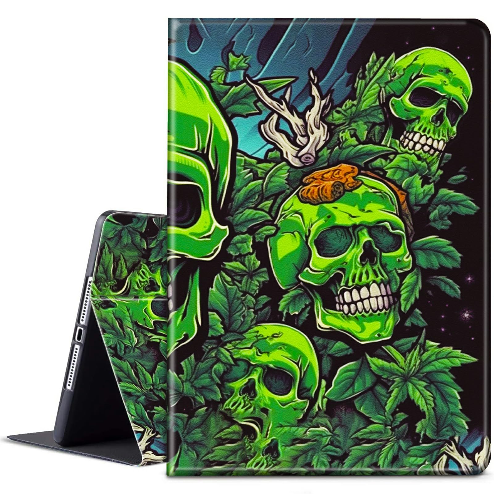 BPQOJB Case for Galaxy Tab S8 Plus/S7 FE/S7 Plus with Adjustable Stand & Auto Wake/Sleep Smart Protect Cover Case for Samsung Galaxy Tab S8 Plus/S7 FE 5G/S7 Plus 12.4 inch - Green Forest Skull