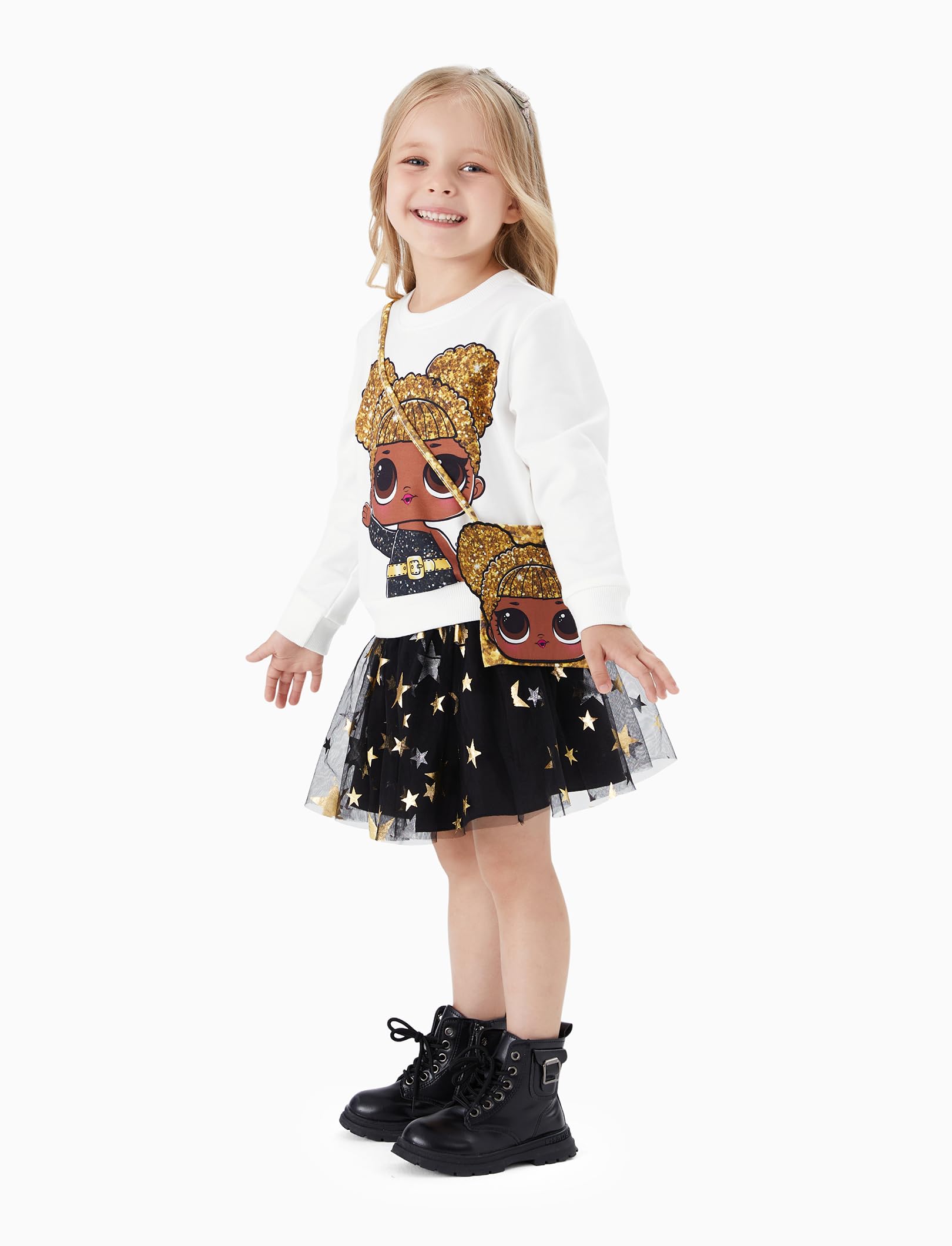 L.O.L. Surprise! Girl Birthday Skirt Set with Cute Bag, Long Sleeve Print Pullover Tee Mesh Tutu Skirts 3 Piece Outfit Set
