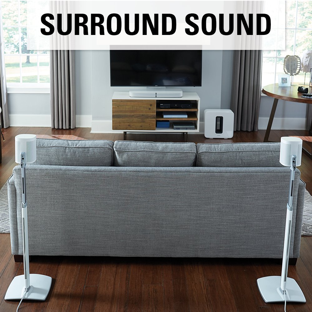Sanus Adjustable Height Wireless Speaker Stands Designed for SONOS ONE, ONE SL, Play:1, and Play:3 - Tool-Free Height Adjust Up to 16" with Built in Cable Management - Single White…