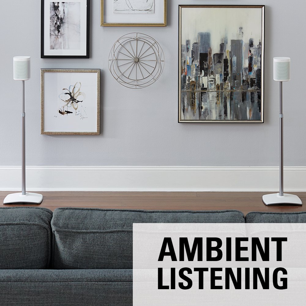 Sanus Adjustable Height Wireless Speaker Stands Designed for SONOS ONE, ONE SL, Play:1, and Play:3 - Tool-Free Height Adjust Up to 16" with Built in Cable Management - Single White…