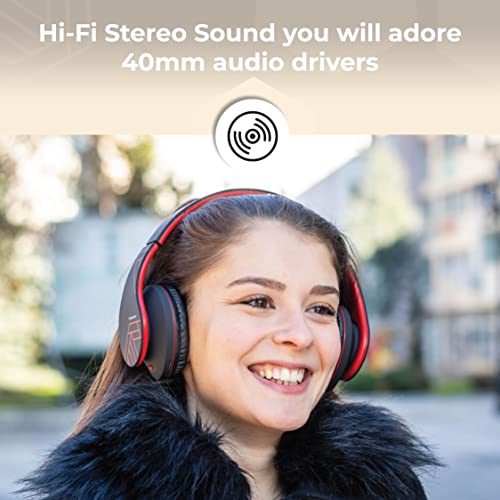 PowerLocus Bluetooth Over-Ear Headphones, Wireless Stereo Foldable Headphones Wireless and Wired Headsets with Built-in Mic, Micro SD/TF, FM for iPhone/Samsung/iPad/PC (Black/Red)