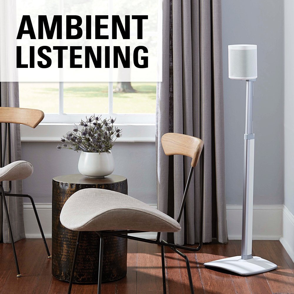 Sanus Adjustable Height Wireless Speaker Stands Designed for SONOS ONE, ONE SL, Play:1, and Play:3 - Tool-Free Height Adjust Up to 16" with Built in Cable Management - Single White…