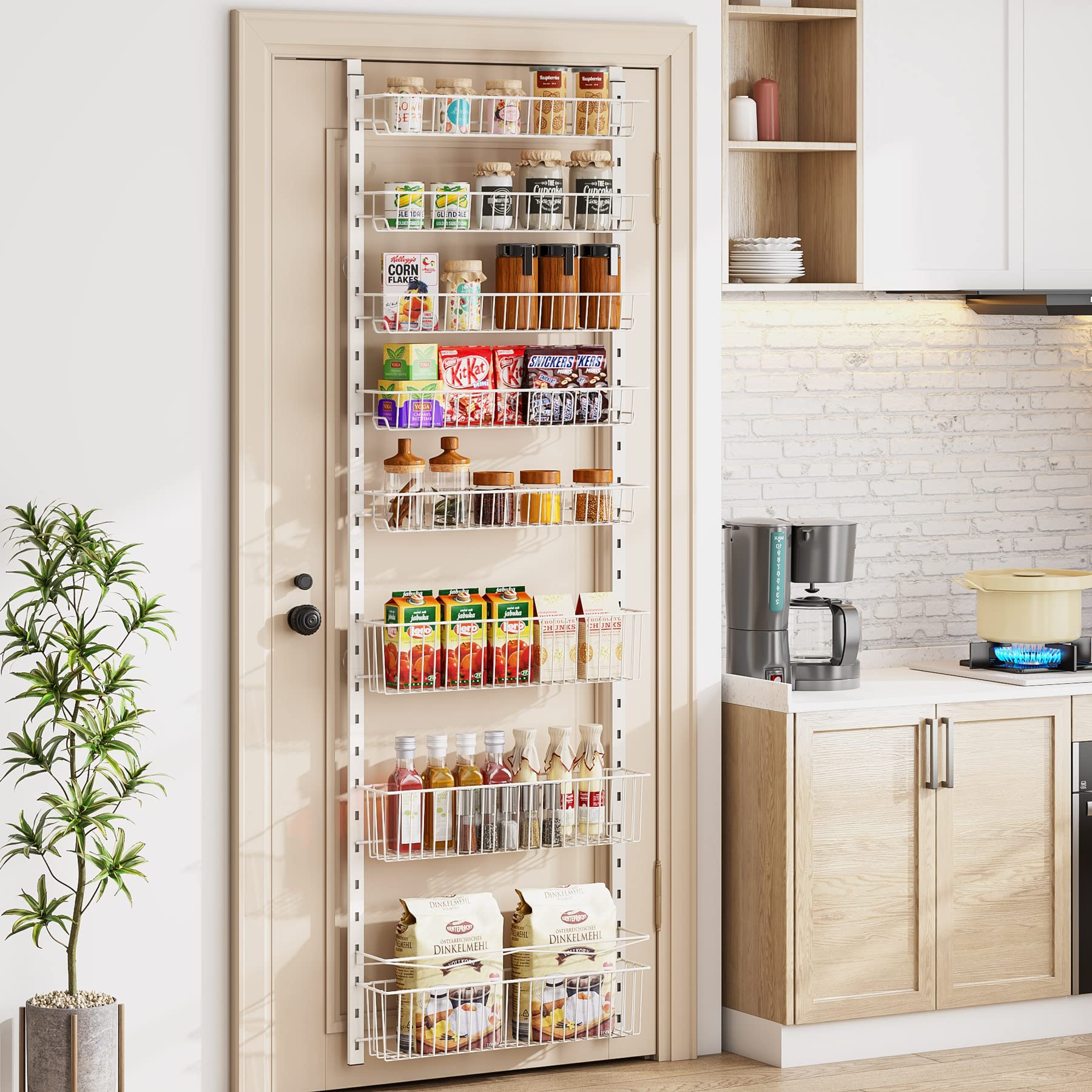 1Easylife Over The Door Pantry Organizer, 8-Tier Adjustable Baskets Pantry Organization, Metal Door Shelf with Detachable Frame, Space Saving Hanging Spice Rack for Kitchen Pantry Bathroom, Off White