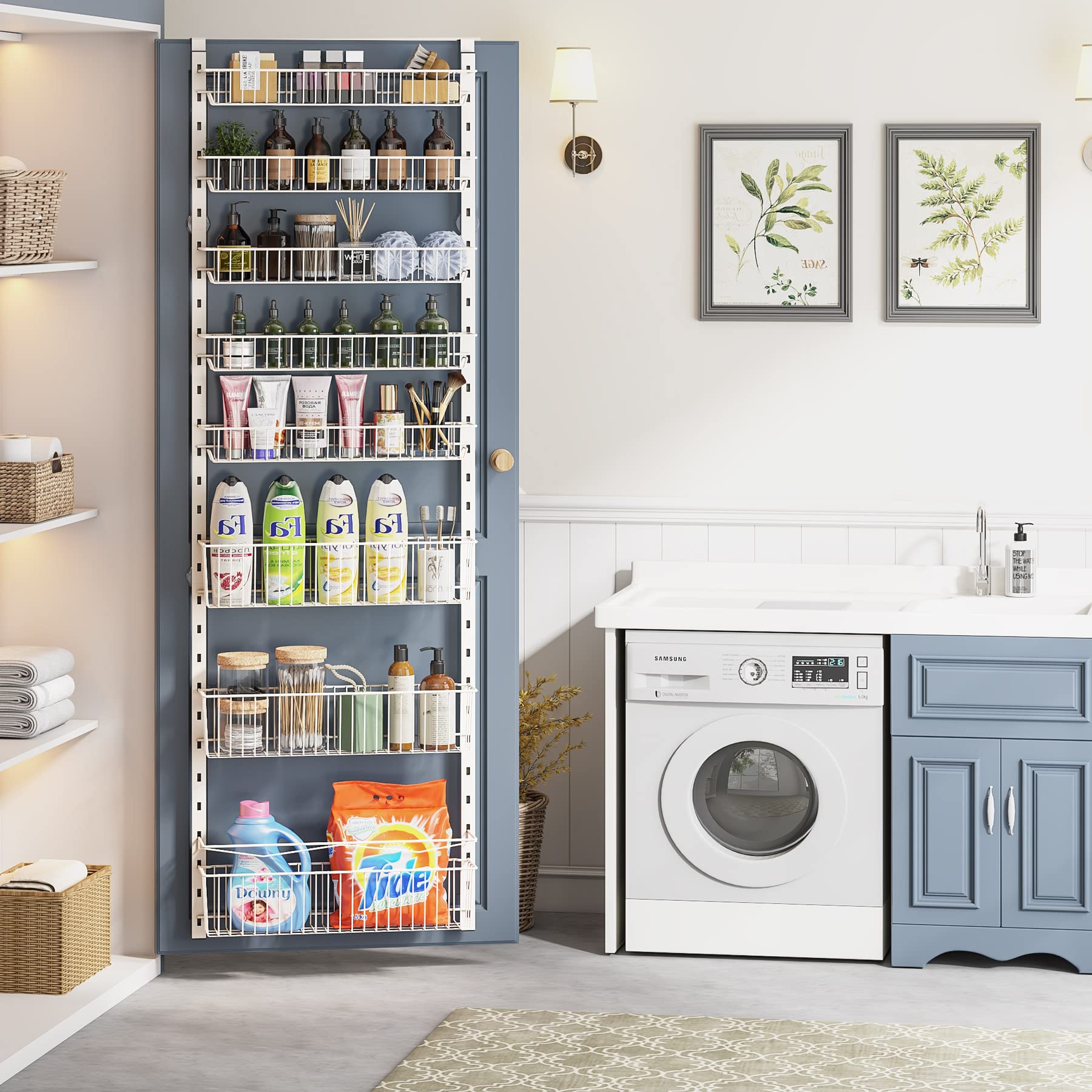 1Easylife Over The Door Pantry Organizer, 8-Tier Adjustable Baskets Pantry Organization, Metal Door Shelf with Detachable Frame, Space Saving Hanging Spice Rack for Kitchen Pantry Bathroom, Off White