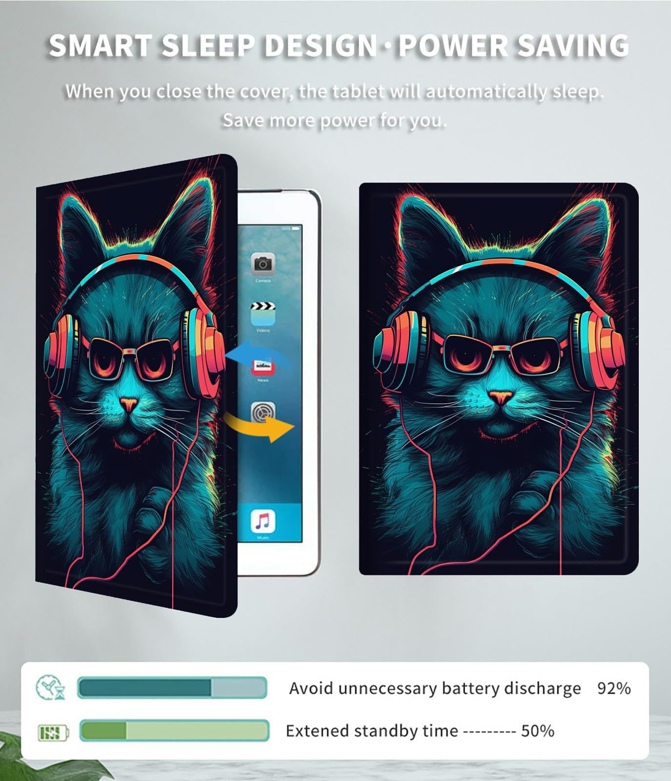 Case for Galaxy Tab S7 FE 5G/S8 Plus/S7 Plus 12.4" Tablet PU Leather Slim Lightweight Cover with Auto Wake/Sleep Protective Case for Samsung Tab S7 FE 2021/S8+ 2022/S7+ 2020,Cat with Headphones Music