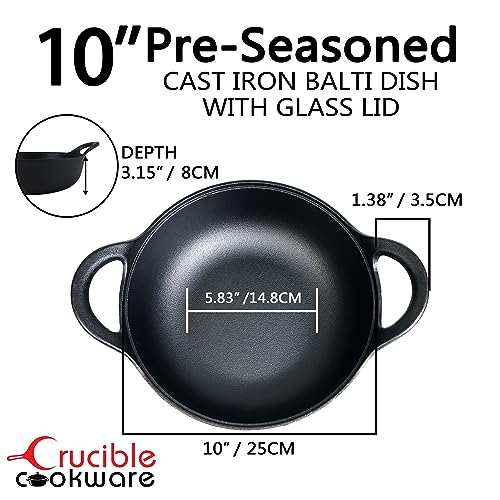 Cast Iron Balti Dish Pot with a Glass Lid, 3 Quart Medium Cast Iron Casserole Dish, Nonstick Handi Cast Iron Kadai Indian, Asian Wok, Dutch Oven