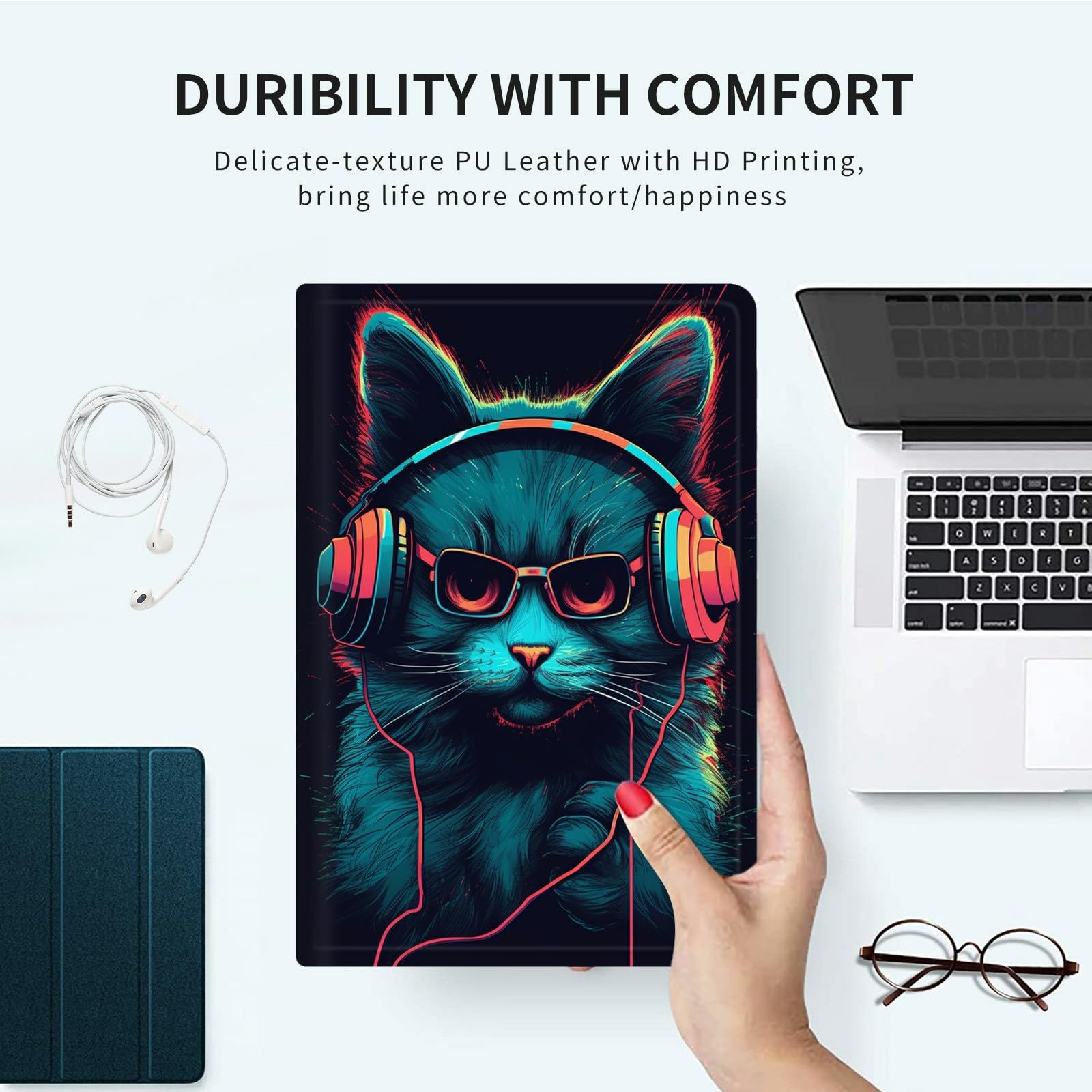 Case for Galaxy Tab S7 FE 5G/S8 Plus/S7 Plus 12.4" Tablet PU Leather Slim Lightweight Cover with Auto Wake/Sleep Protective Case for Samsung Tab S7 FE 2021/S8+ 2022/S7+ 2020,Cat with Headphones Music